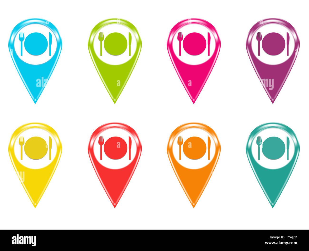 Set of icons or colored markers with symbol of plate, fork and knife ...