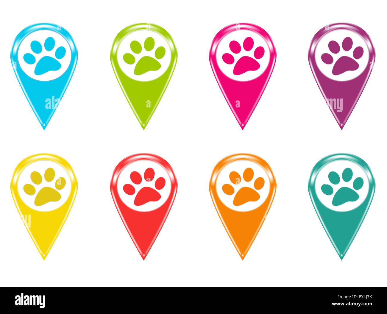 Set of icons or colored markers for maps with pet footprints symbol ...