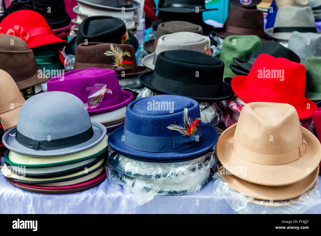 A Hat Stall In Old Spitalfields Sunday Market, London, England Stock ...