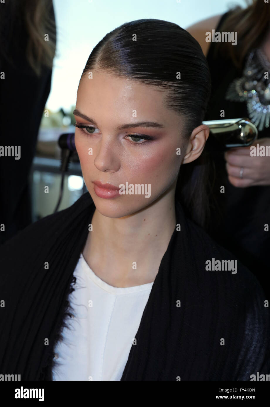 A model getting ready backstage during the Anne Barge Bridal Spring ...