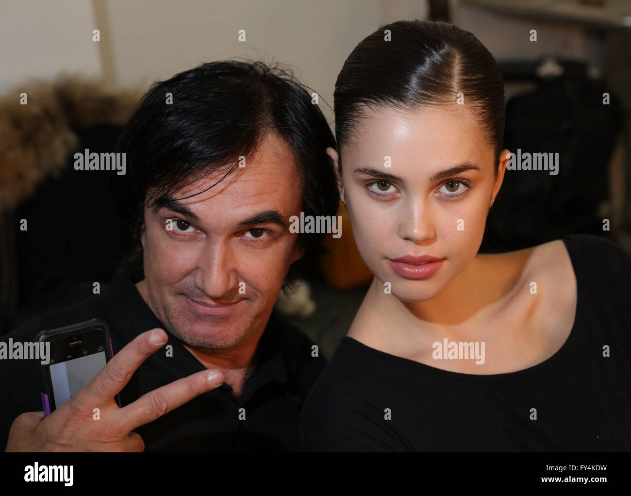 Photographer Anton Oparin (L) and model posing backstage during the Anne Barge Bridal Spring ...