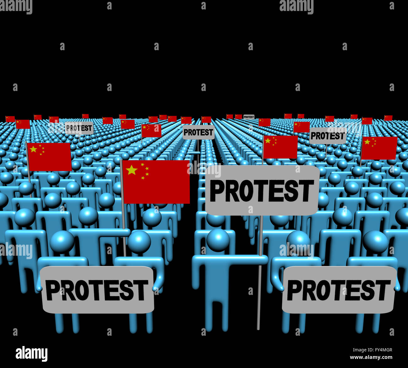 Crowd of people with protest signs and Chinese flags illustration Stock ...