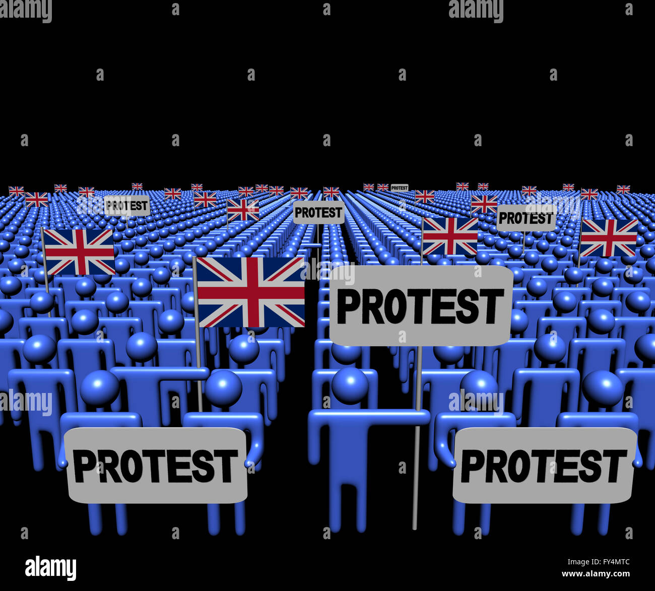 Crowd of people with protest signs and British flags illustration Stock ...