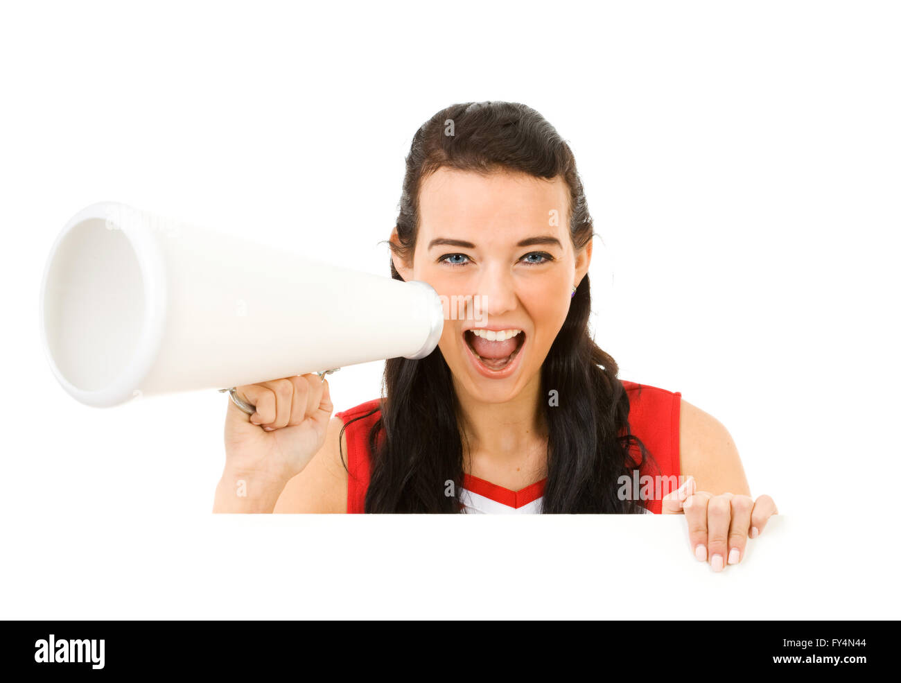Woman yelling in megaphone in Cut Out Stock Images & Pictures - Alamy