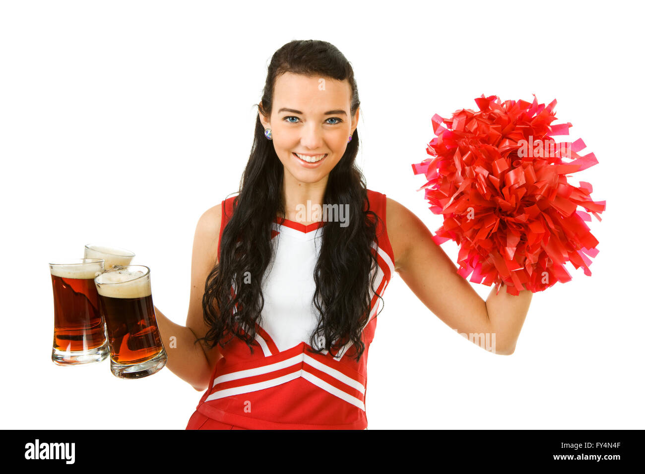 Cute female as an American sports cheerleader, in red and white outfit ...