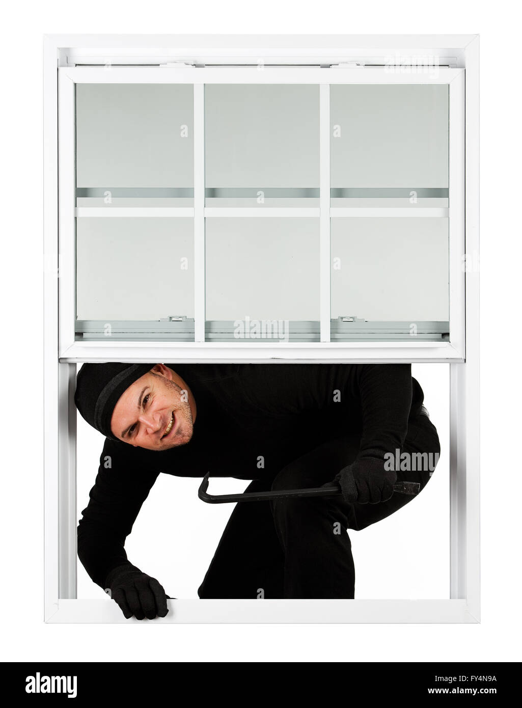 Series with Caucasian male as a burglar or thief, sneaking in a window ...