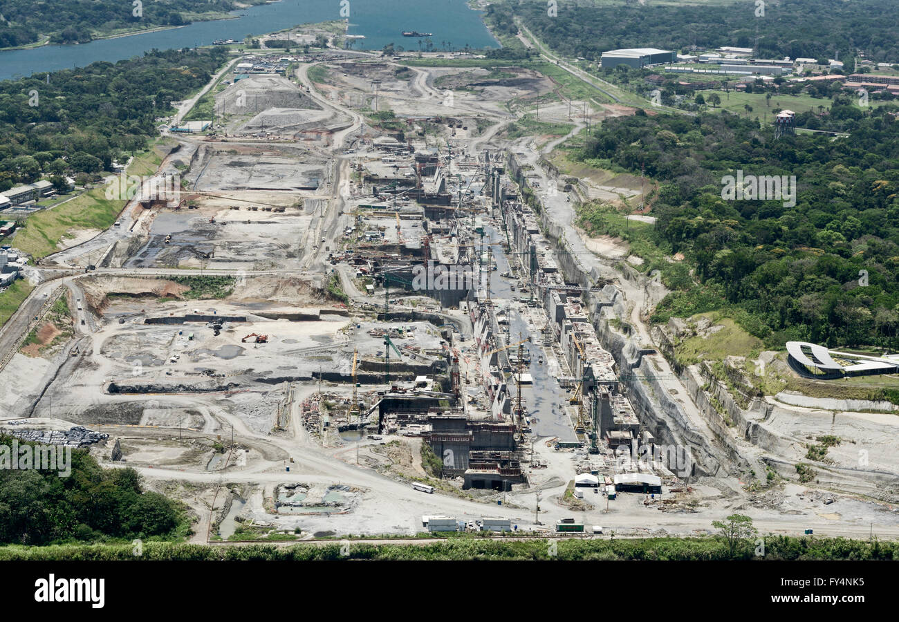 Aerial view of the Third Set of Locks construction site, Panama Canal ...