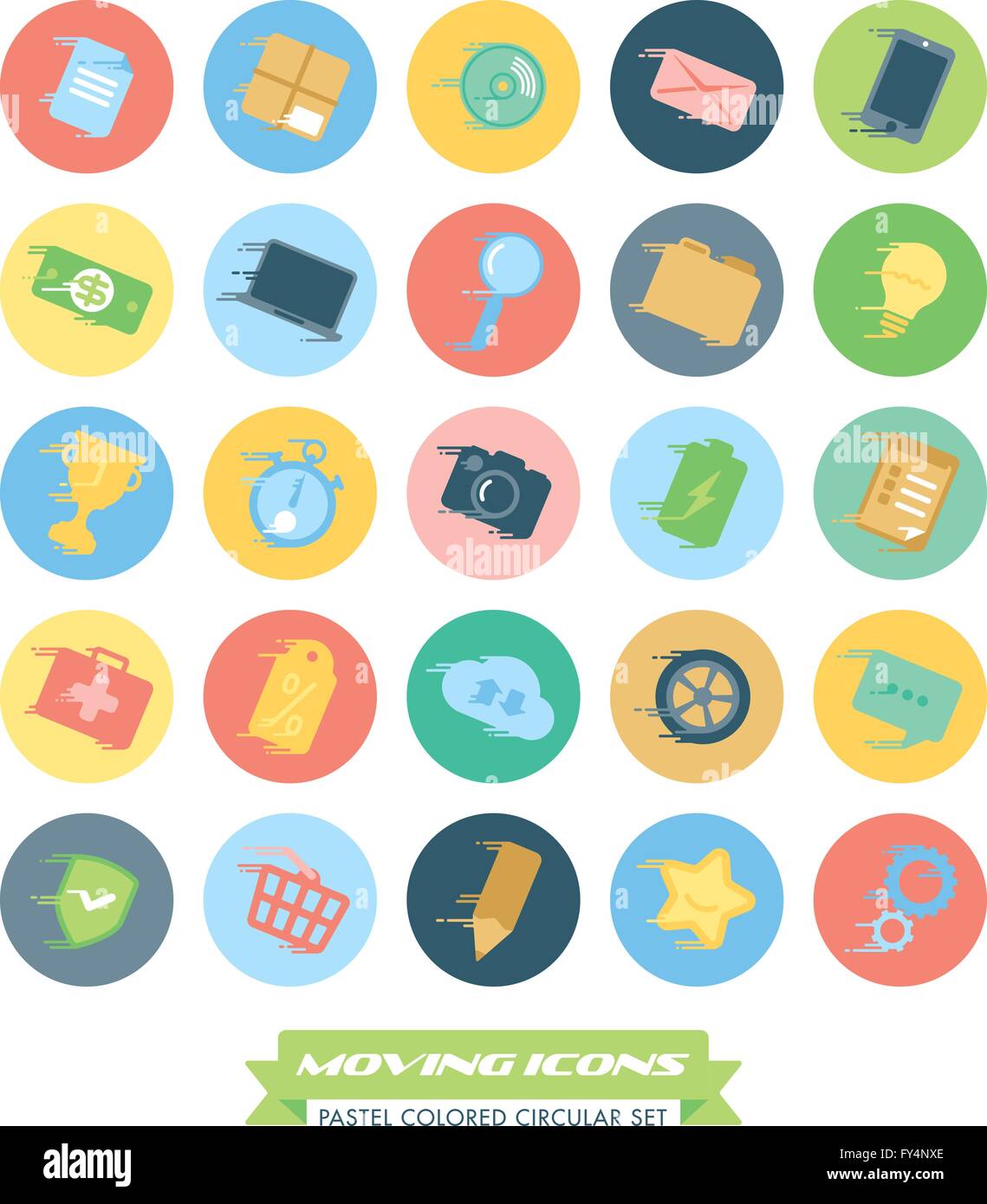 Set of fast moving pastel colored icons with speed streaks in circles ...
