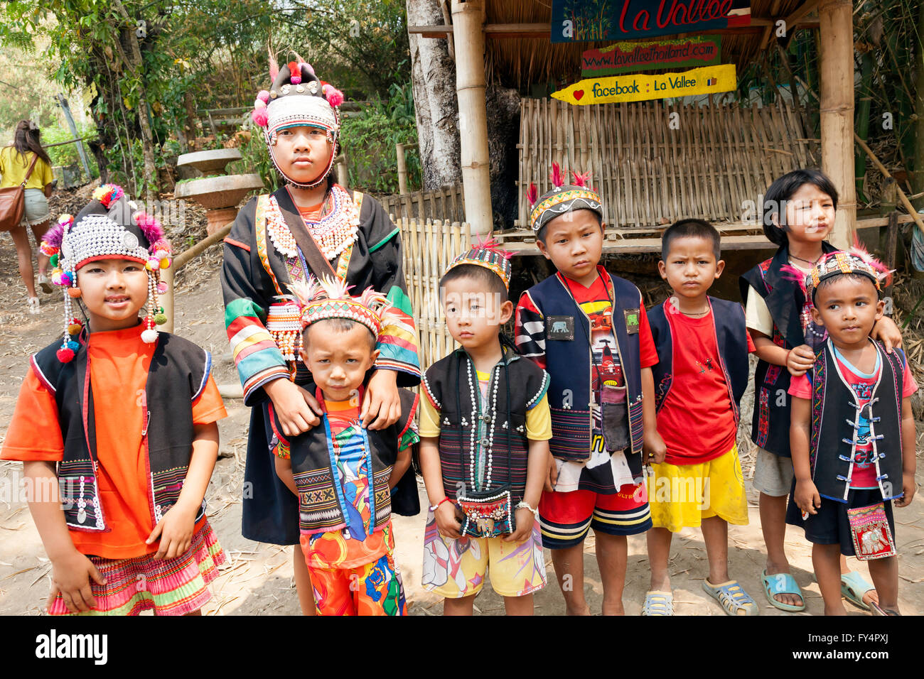 Traditionally dressed group from the Akha people, hill tribe, ethnic ...