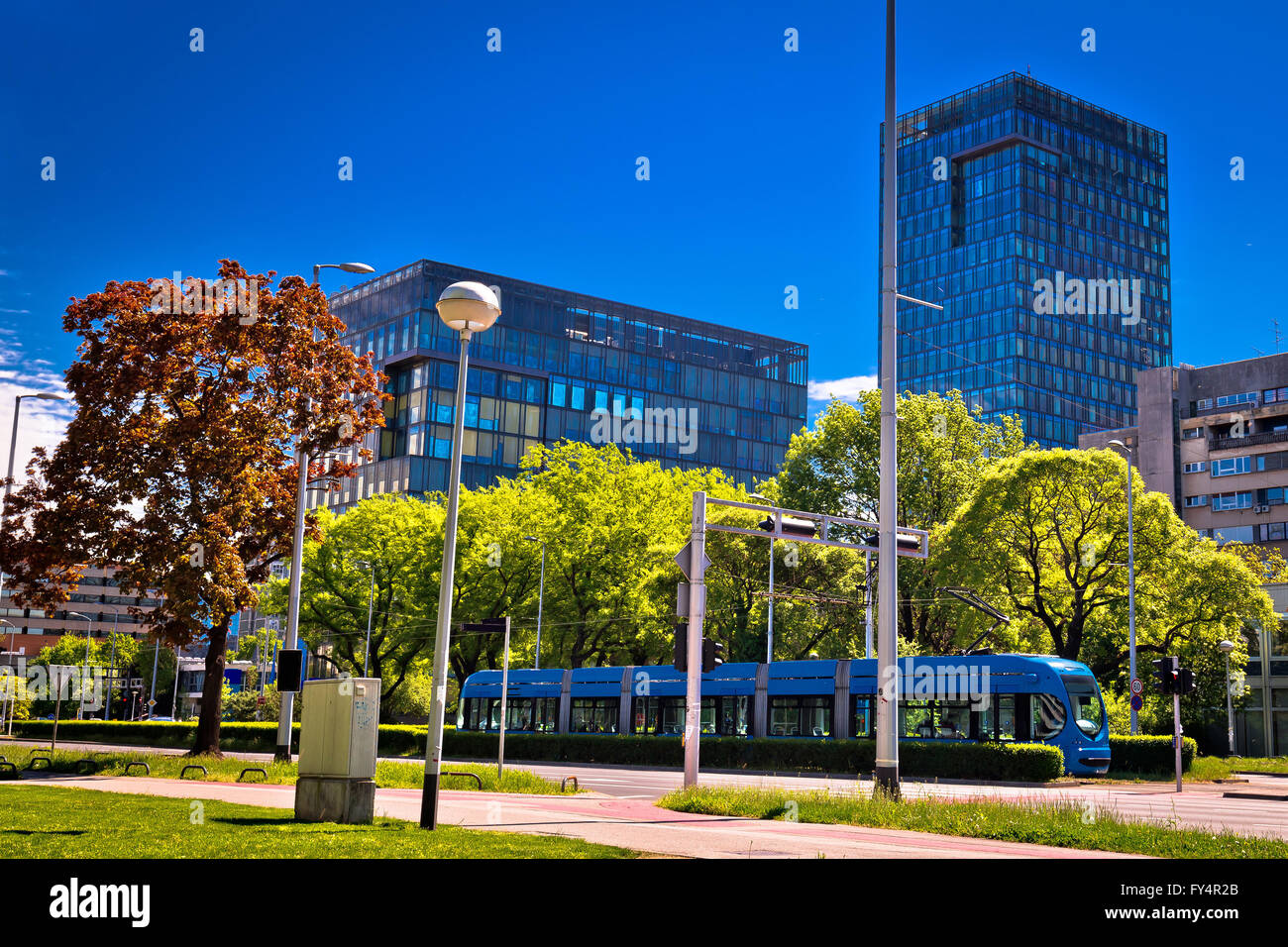 Zagreb tram and modern buildings springtime view, capital of Croatia ...