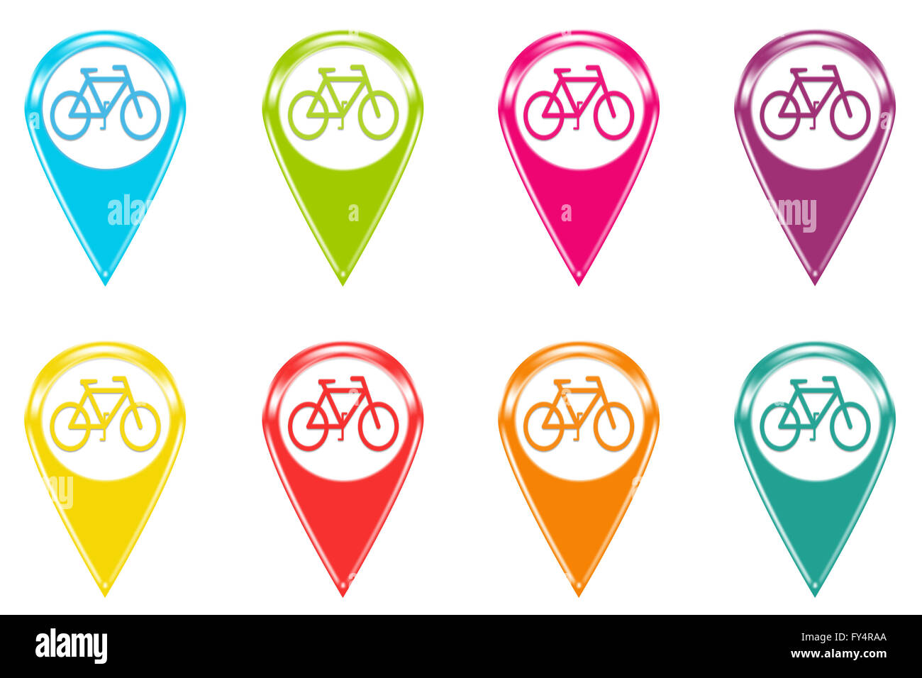 Set of icons or colored markers with bicycle symbol in colors blue ...