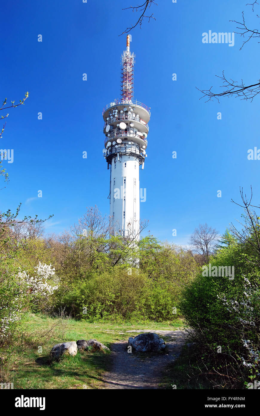 TV transmitter on Hady hill above Brno city with hiking trail ...