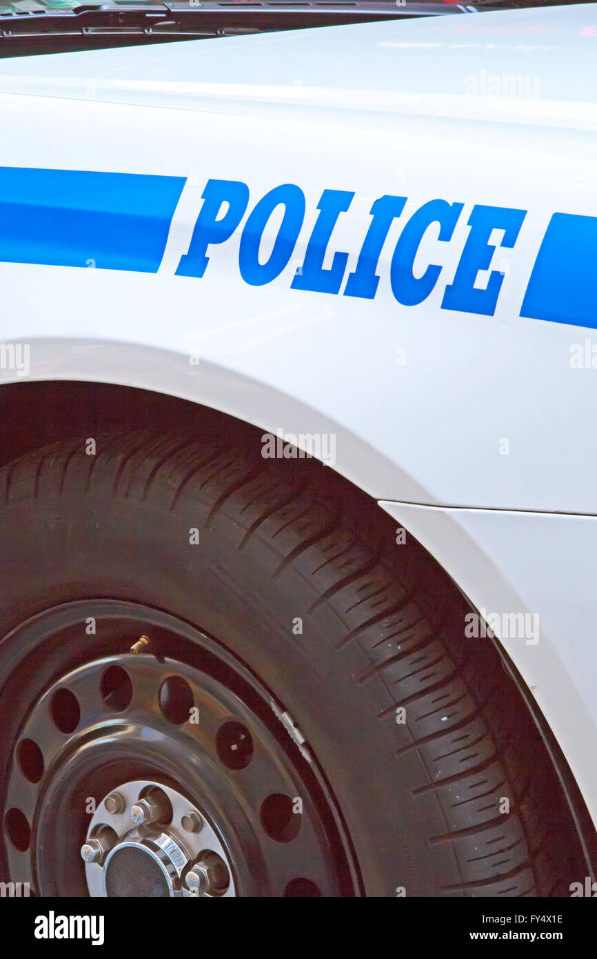 Detailed view of the hood and the front wheel of a police car with the ...