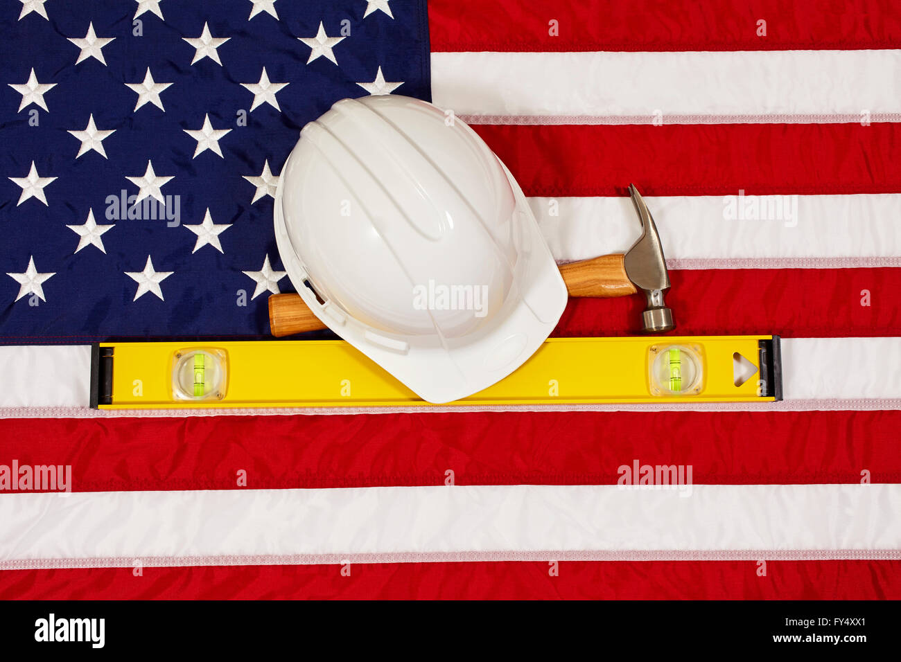 Construction Building Tools on American USA Flag concept made in ...