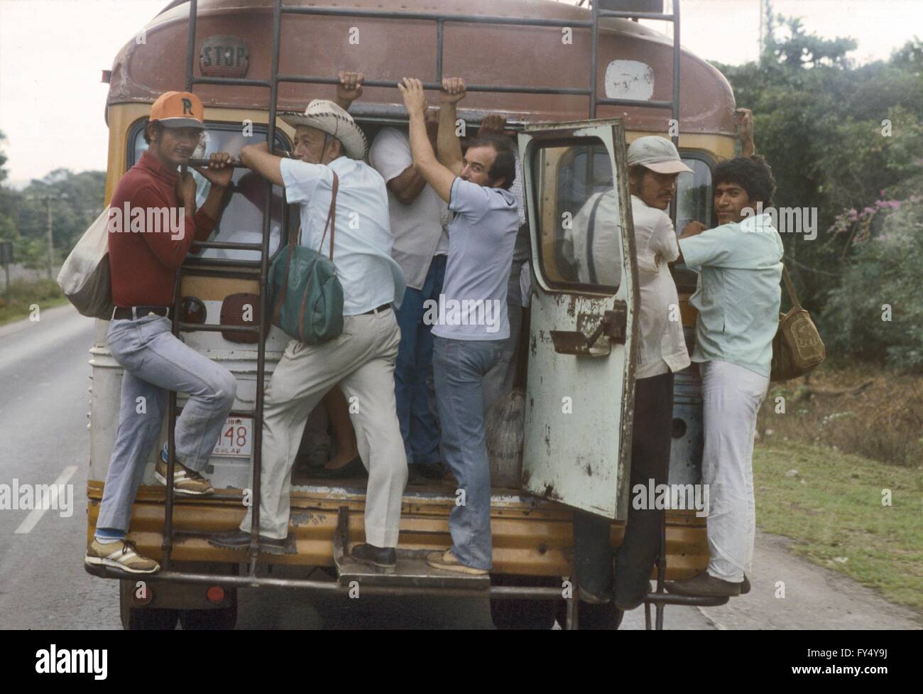Nicaragua, city transport in Managua, overloaded bus (January 1988 ...
