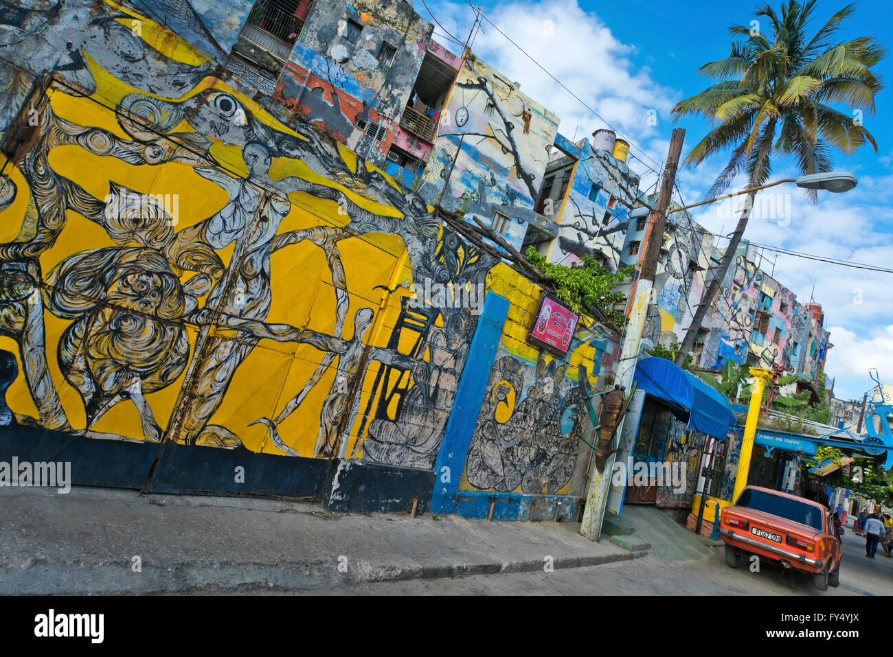 Horizontal view of the art installations inside Hamel's Alley in Havana ...