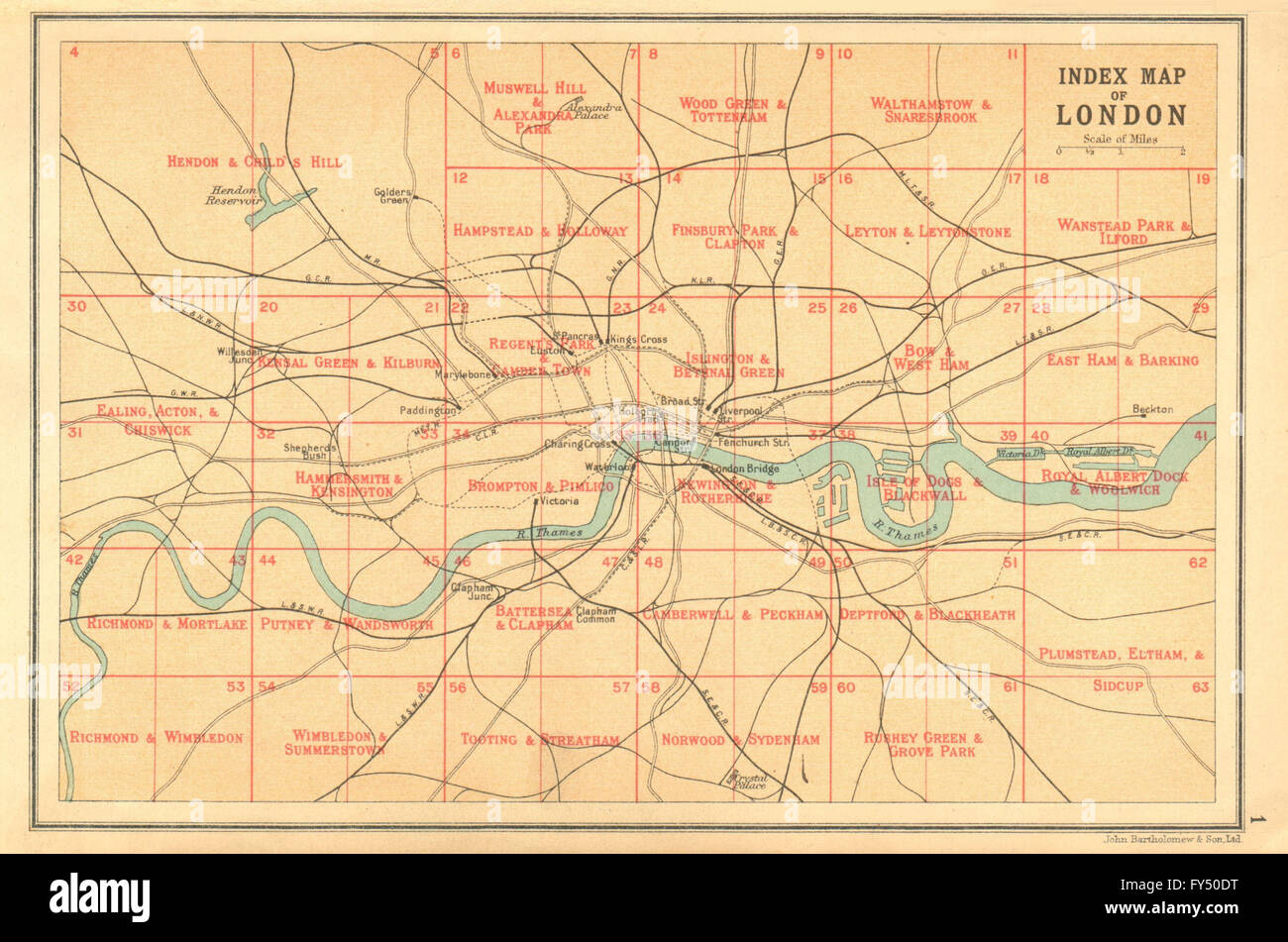 LONDON: Index map of London. Railways. BARTHOLOMEW, 1917 Stock Photo ...