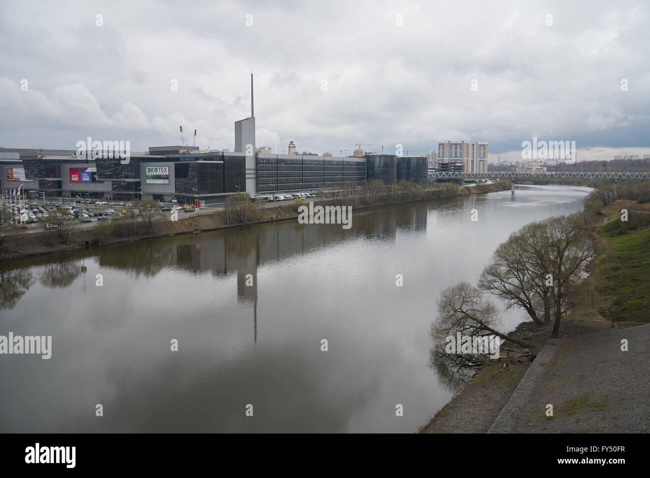 Moskva river and Crocus City Hall, Moscow, Russia - April 15, 2016 ...