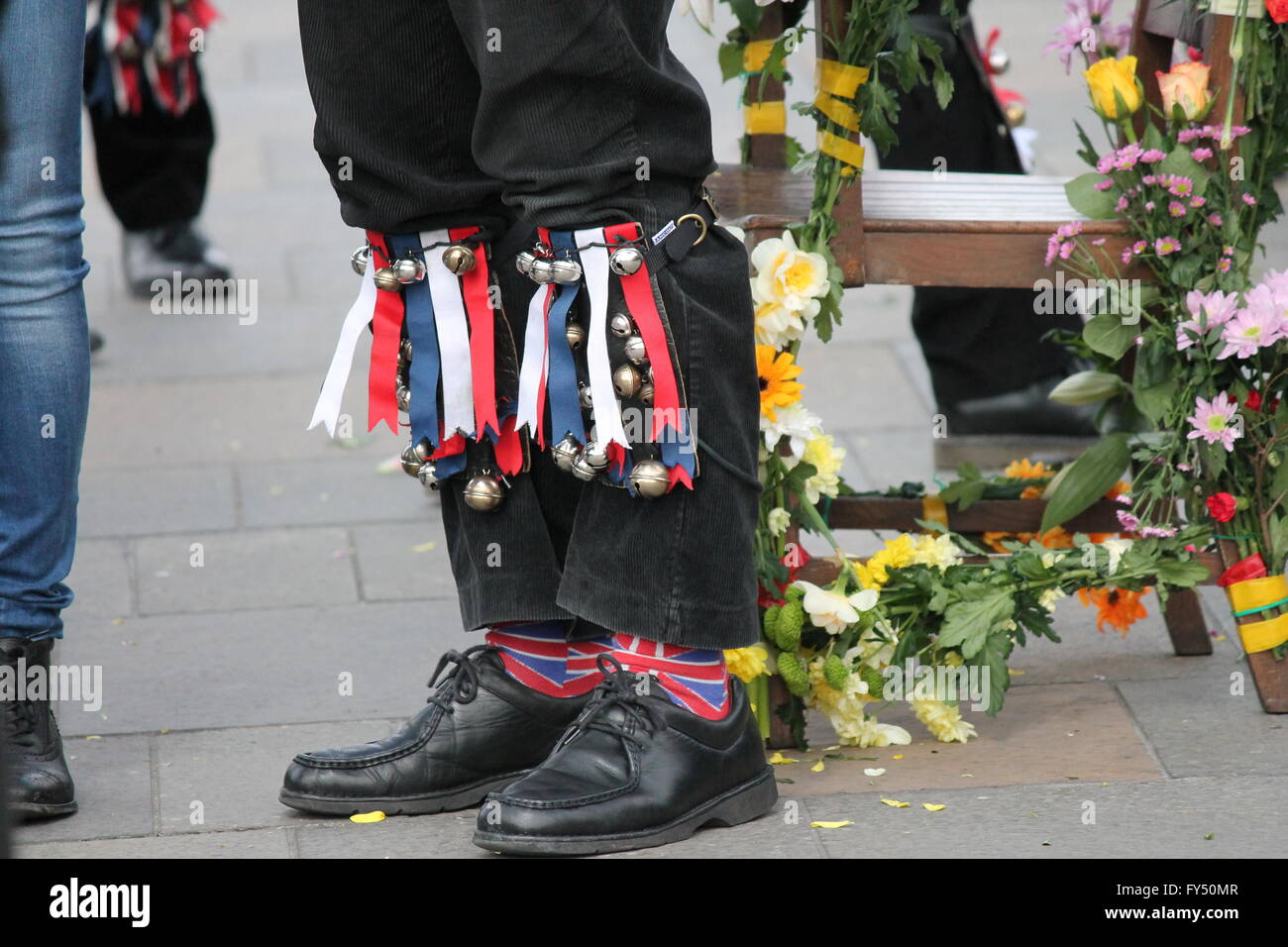 Morris dancer leg bells and ribbons with spring flowers Stock Photo - Alamy