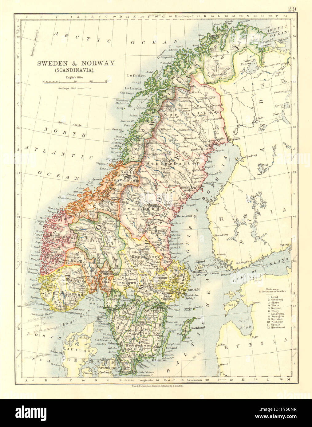 SCANDINAVIA. Sweden Norway.Railways Undersea telegraph cables. JOHNSTON ...