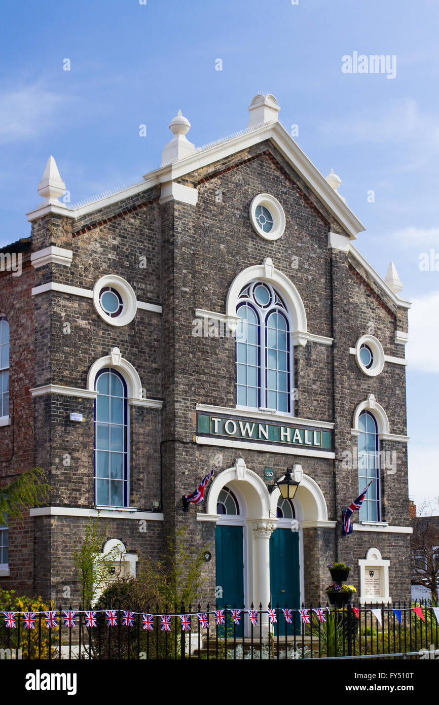 A traditional, English Town Hall Building with a large 'Town Hall' sign ...