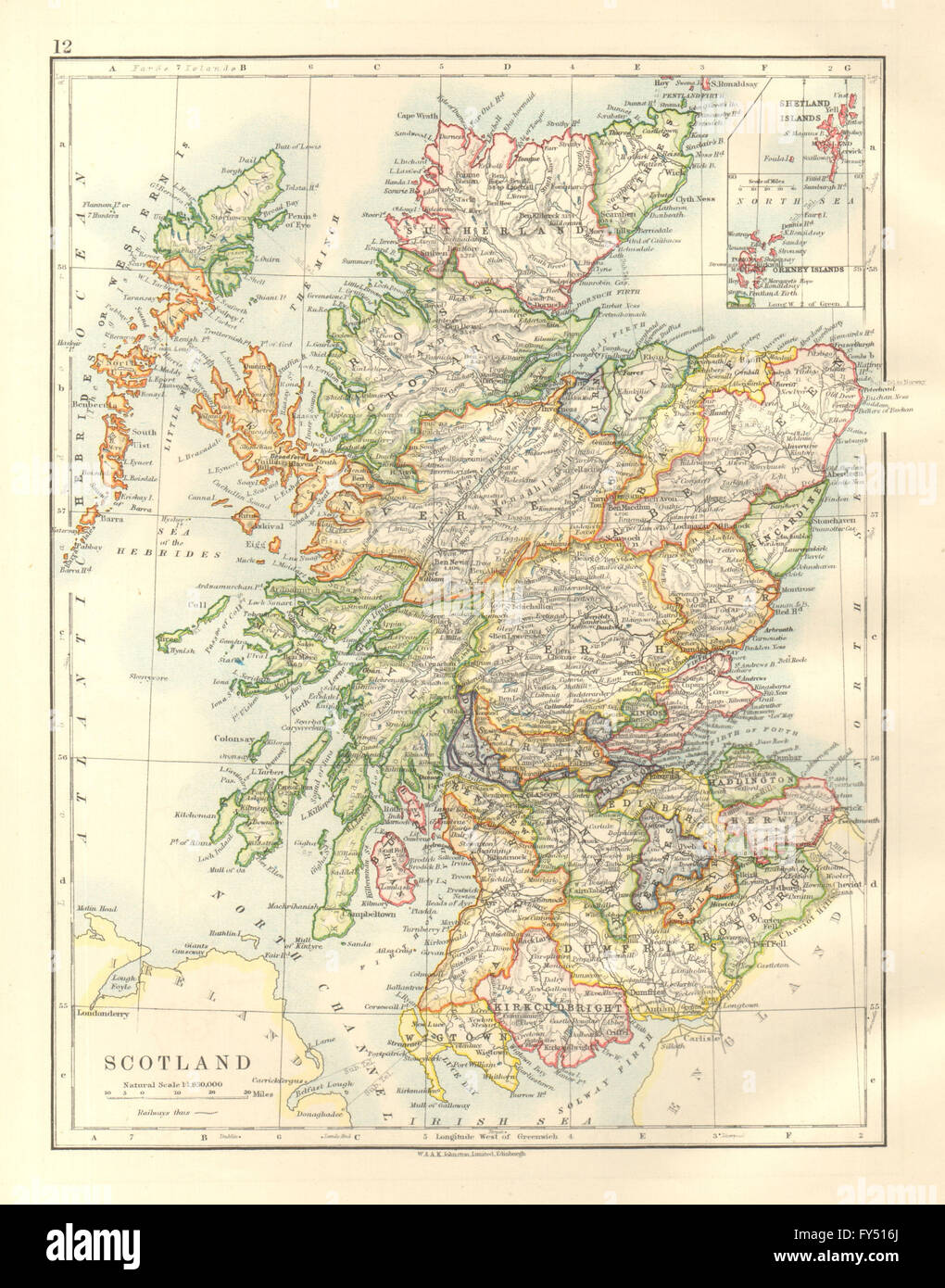 SCOTLAND. Counties. Undersea telegraph cables. JOHNSTON, 1920 vintage ...