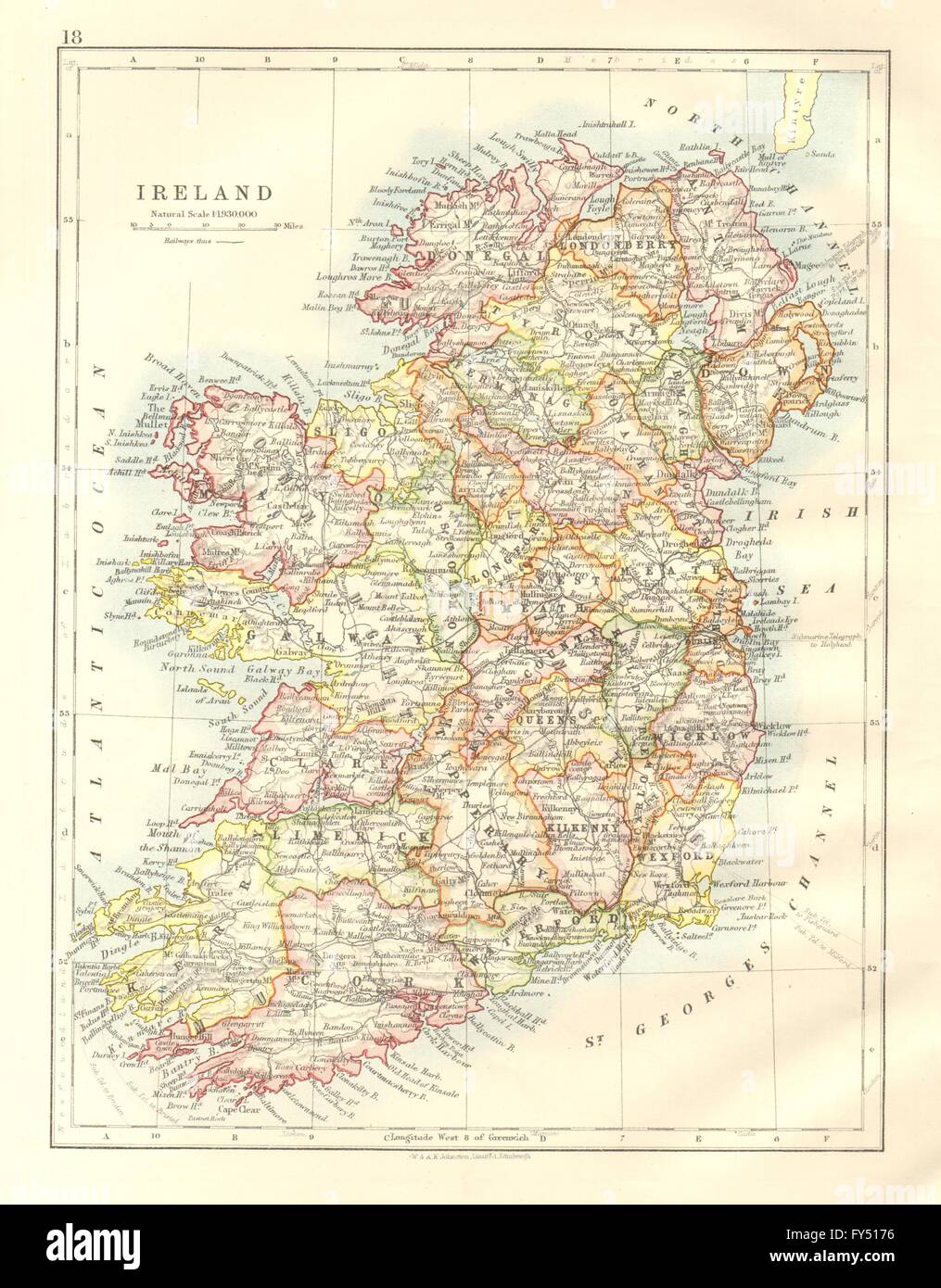 IRELAND. Showing counties. Undersea telegraph cables. JOHNSTON, 1920 ...