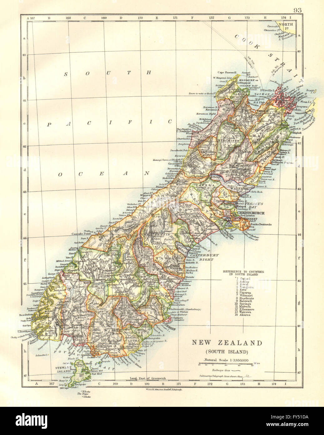SOUTH ISLAND NEW ZEALAND. Showing counties. Telegraph cables. JOHNSTON ...