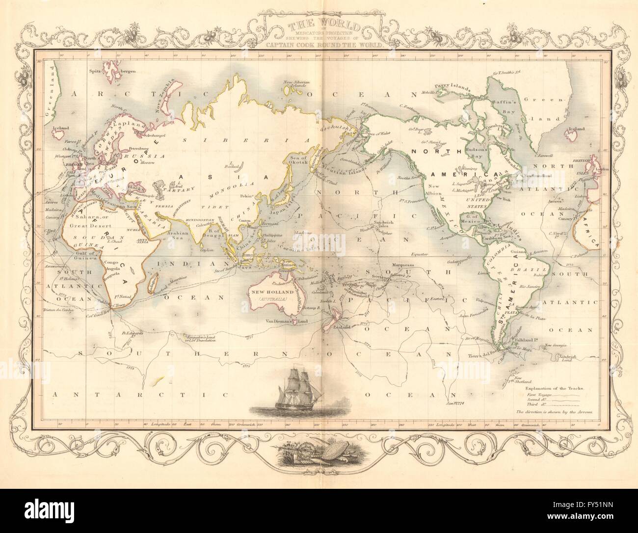 THE WORLD. 'Shewing the voyages of Captain Cook'. TALLIS/RAPKIN, 1849 ...