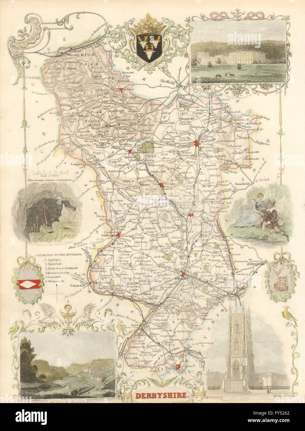 Derbyshire antique hand-coloured county map by Thomas Moule, c1840 ...