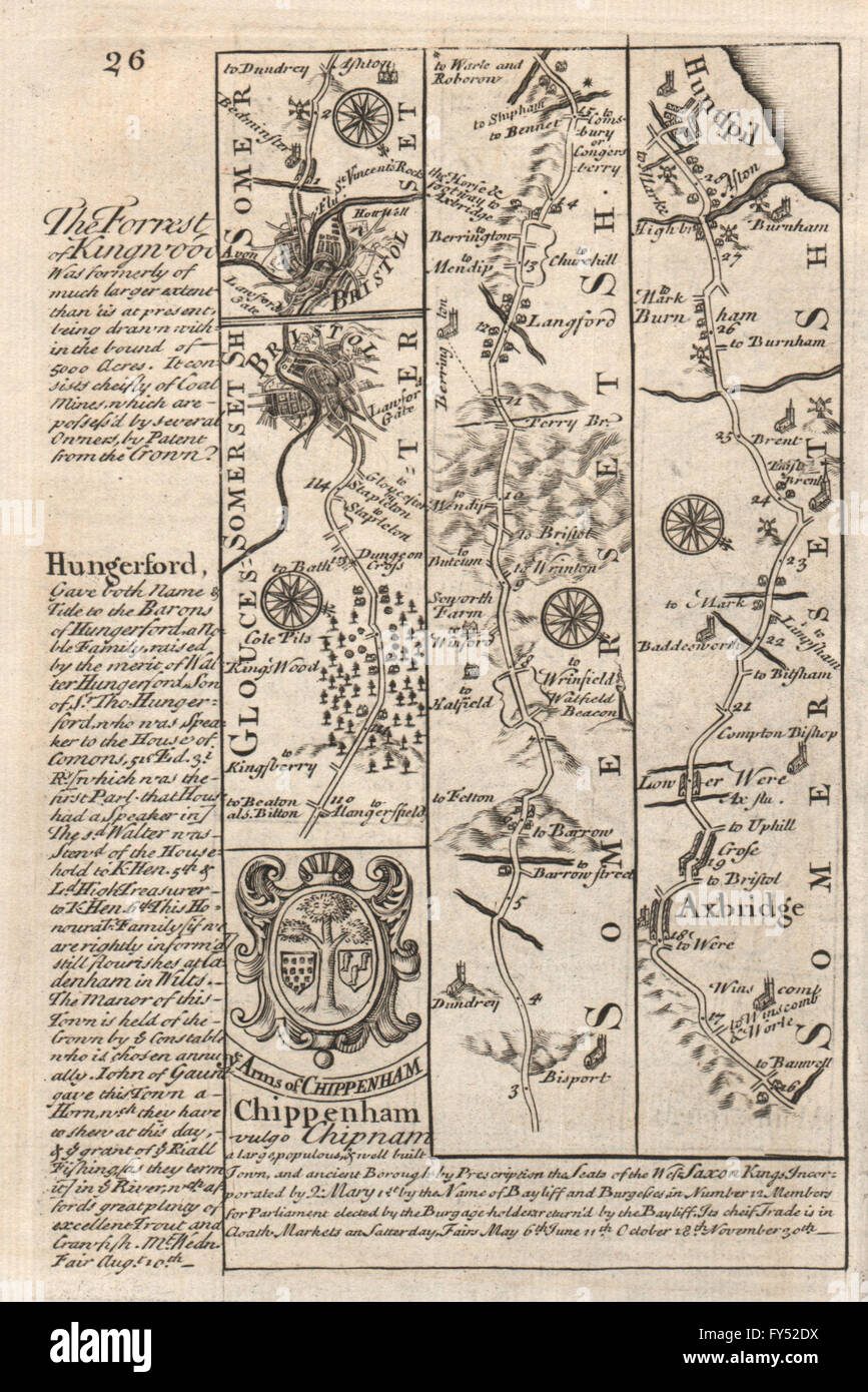 Bristol-Axbridge-Huntspill road strip map by J. OWEN & E. BOWEN, 1753 ...
