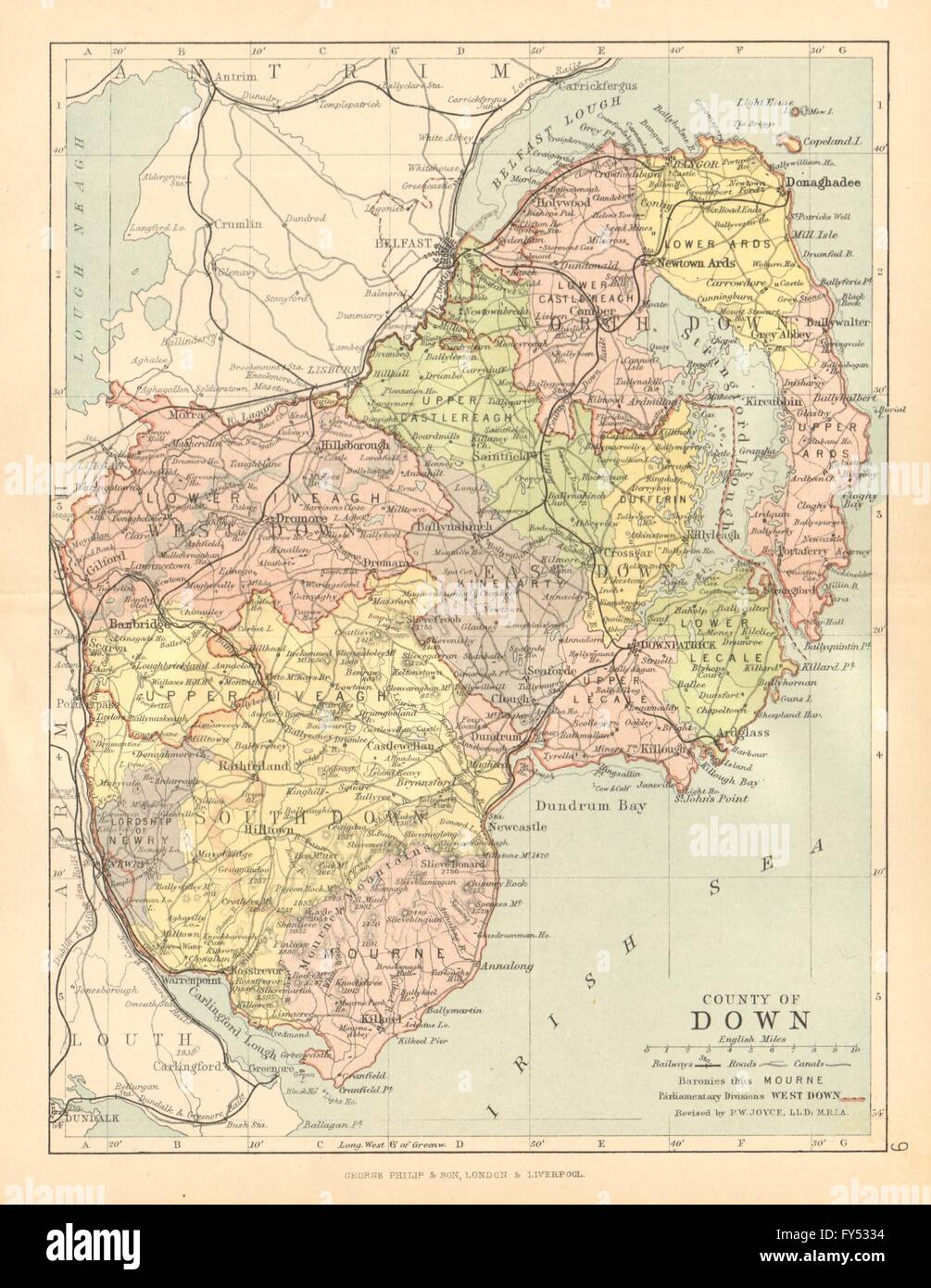 COUNTY DOWN. Antique county map. Ulster Belfast Lisburn Bangor ...