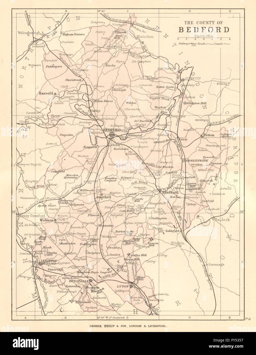 BEDFORDSHIRE: Antique county map. Railways roads canals. PHILIP, 1884 ...