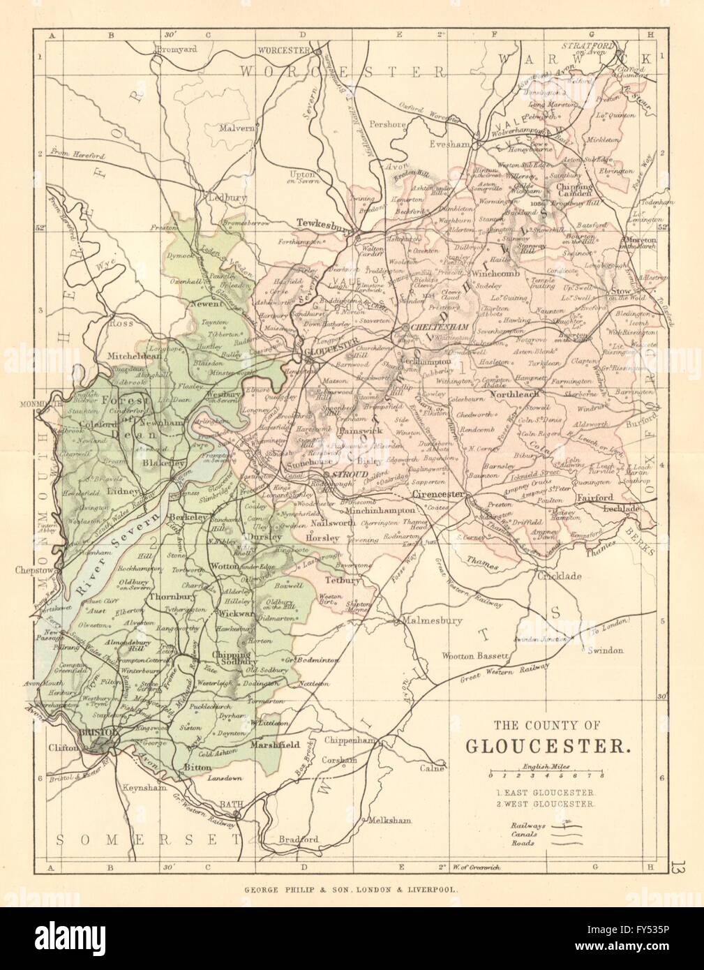 GLOUCESTERSHIRE: County map. Railways canals. Constituencies. PHILIP ...
