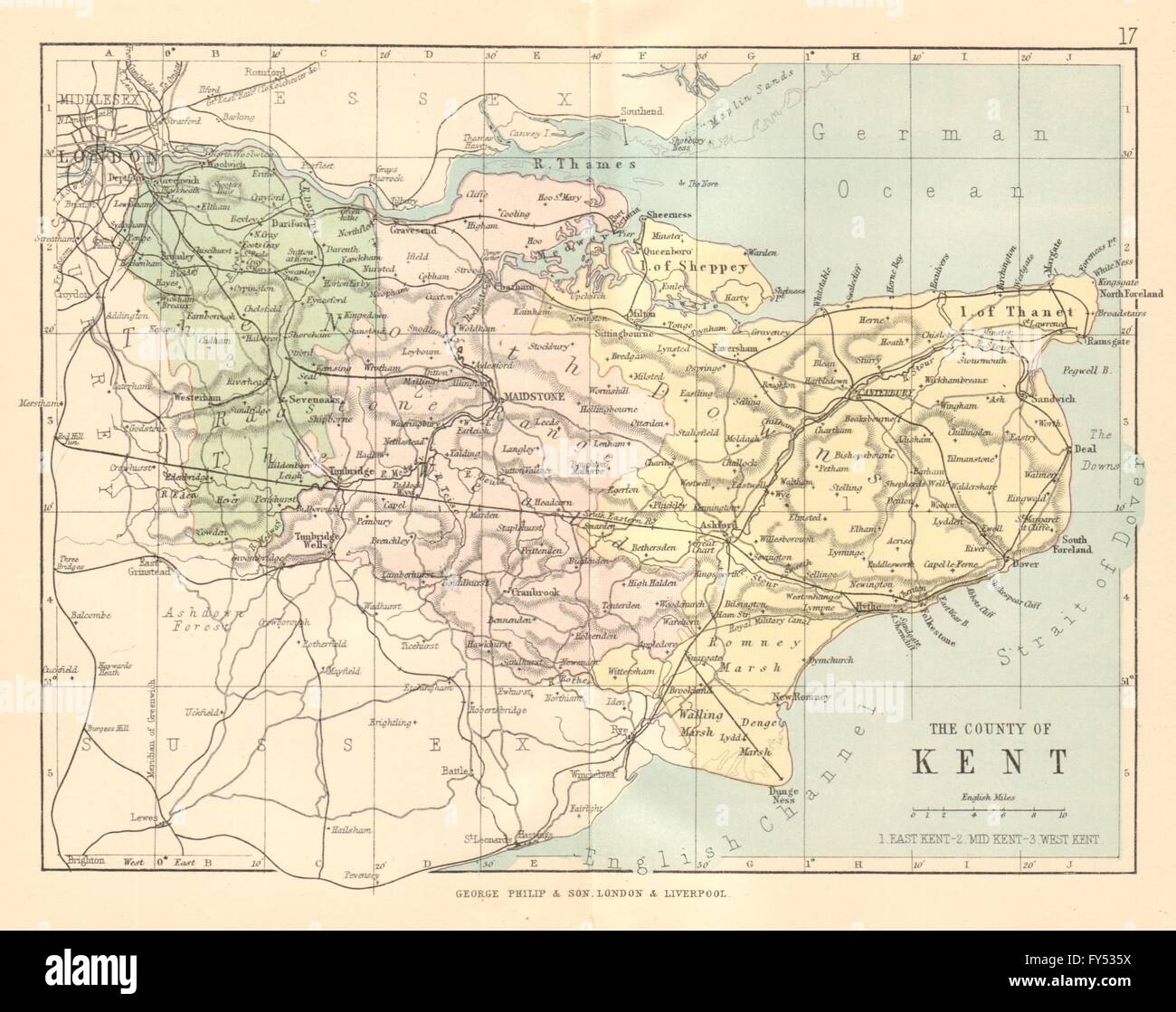 KENT: Antique county map. Railways roads. Constituencies. PHILIP, 1884 ...