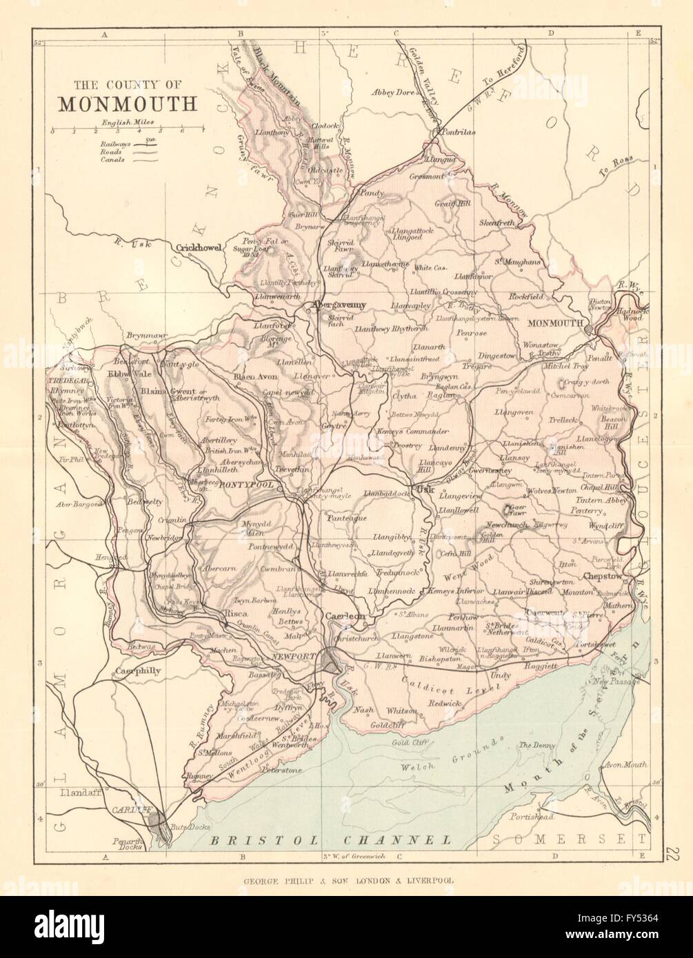 MONMOUTHSHIRE: Antique county map. Railways roads canals. PHILIP, 1884 ...