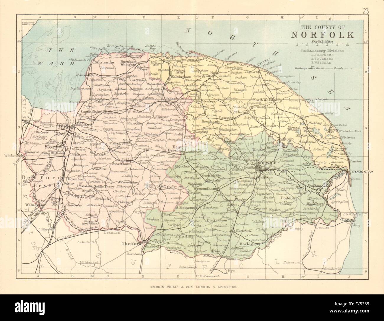 NORFOLK: Antique county map. Railways roads canals. Constituencies ...