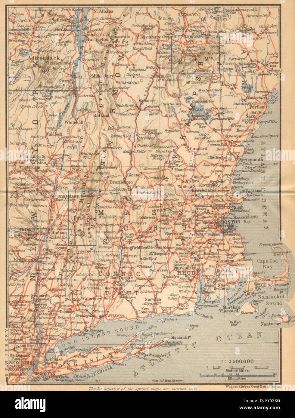 RAILWAY MAP OF THE NEW ENGLAND STATES. USA. BAEDEKER, 1904 Stock Photo ...