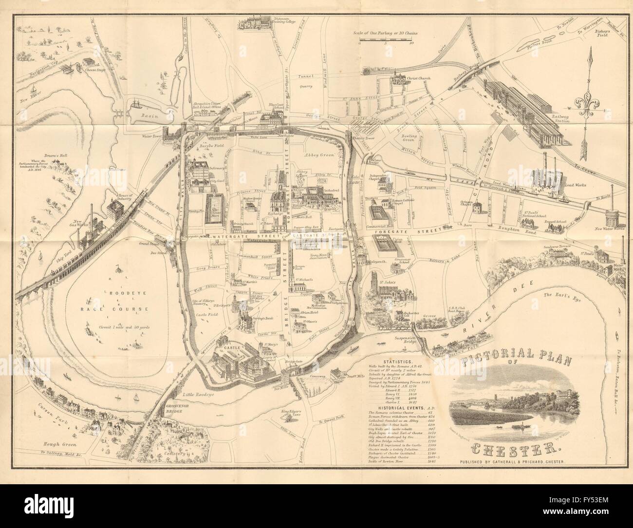 'Pictorial Plan of Chester'. Town plan by CATHERALL & PRICHARD, c1870 ...
