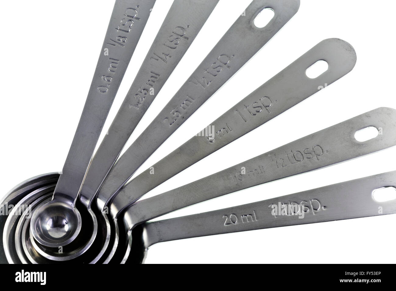Set of stainless steel measuring spoons in varying sizes, used to ...