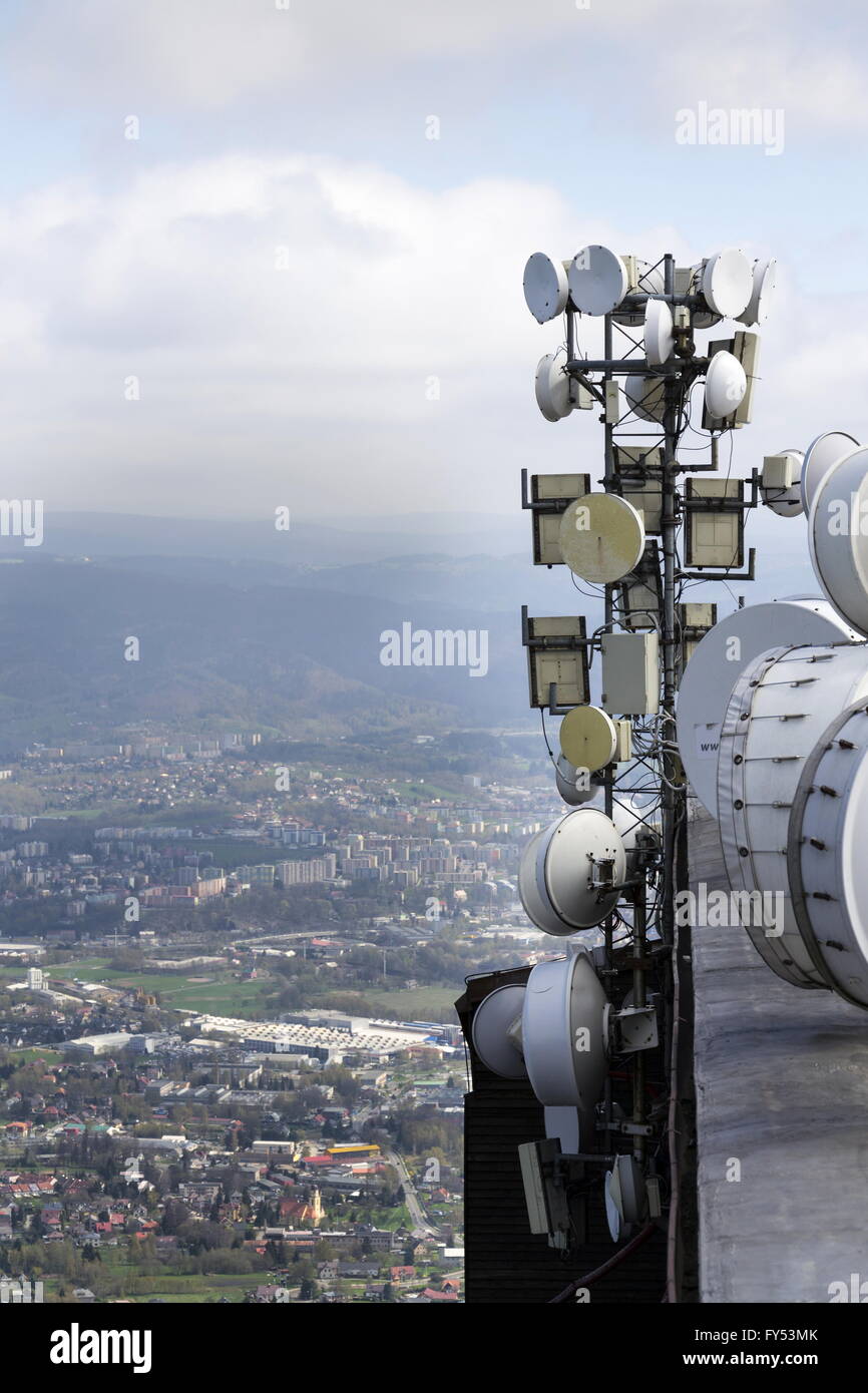 Bunch of transmitters and aerials on the telecommunication tower Stock ...