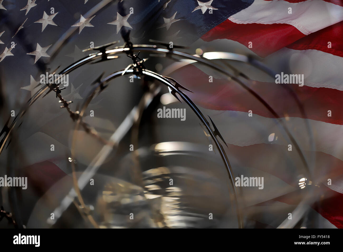 USA Border fence barb razor wire and American Flag Immigration Concept ...