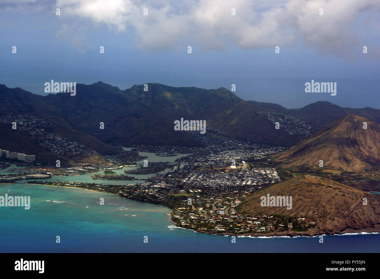 Aerial view of Kuapa Pond, Hawaii Kai Town, Portlock, clouds and ...