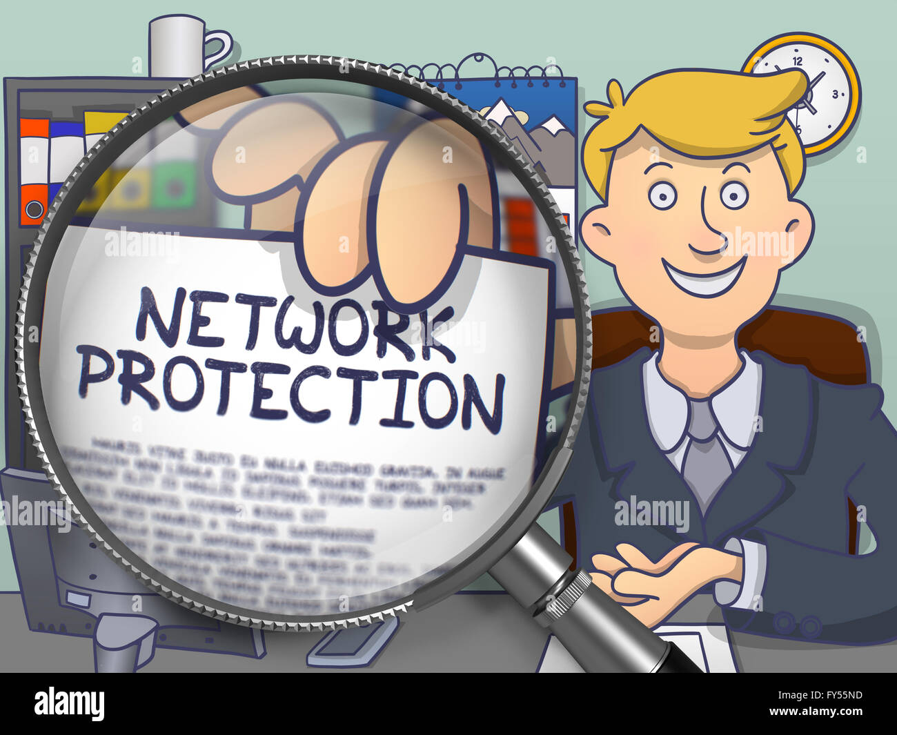 Network Protection through Magnifier. Doodle Style Stock Photo - Alamy