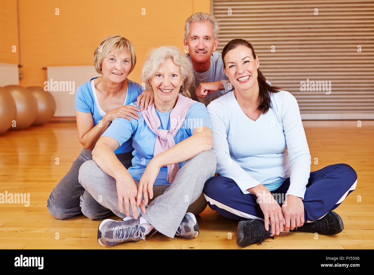 Happy group of senior citizens sitting in a fitness center gym Stock ...