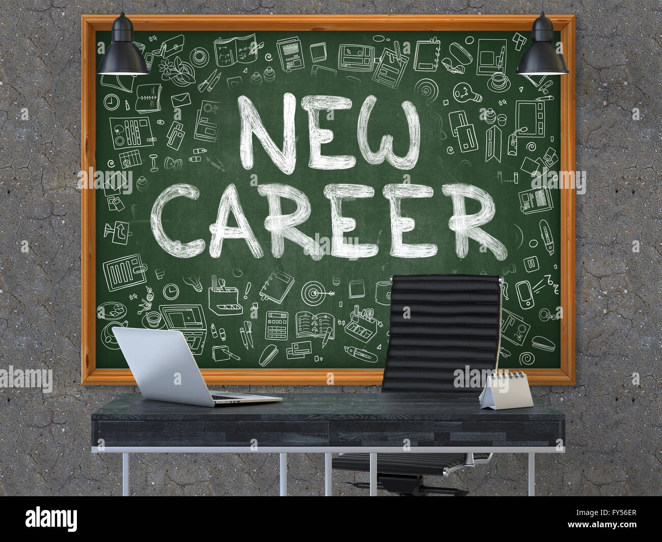 New Career on Chalkboard with Doodle Icons Stock Photo - Alamy