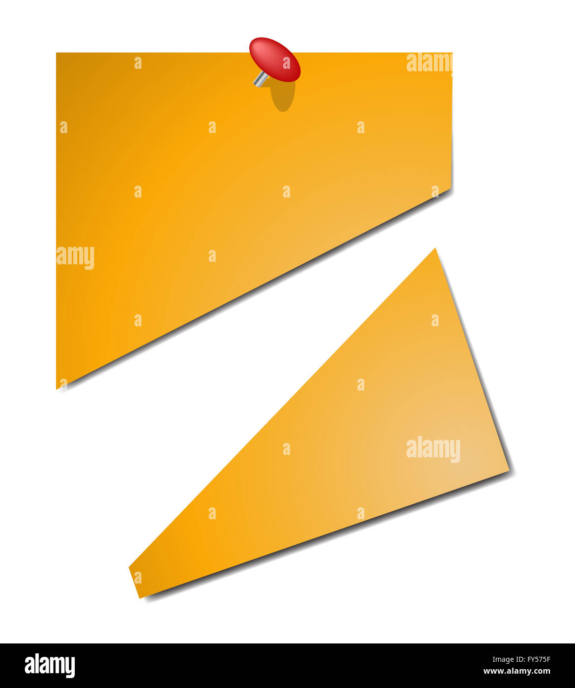 A sticky note cut in half with a pin in it isolated on a white ...