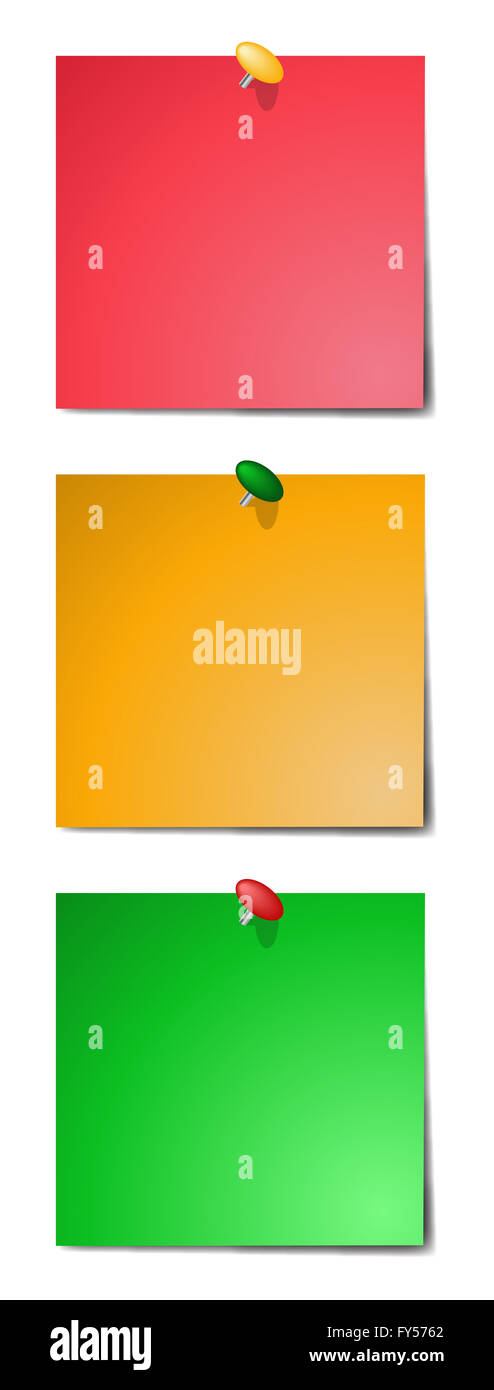 Red, orange and green sticky notes with pins isolated on awhite ...