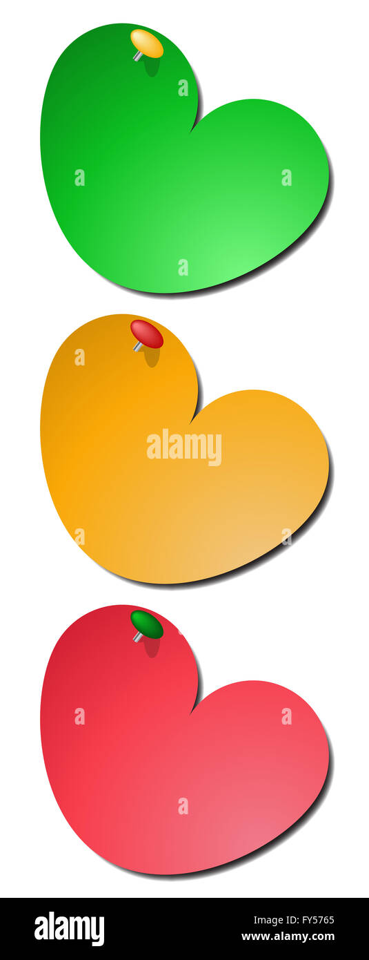 Red, orange and green heart shaped sticky notes with pins isolated on a ...