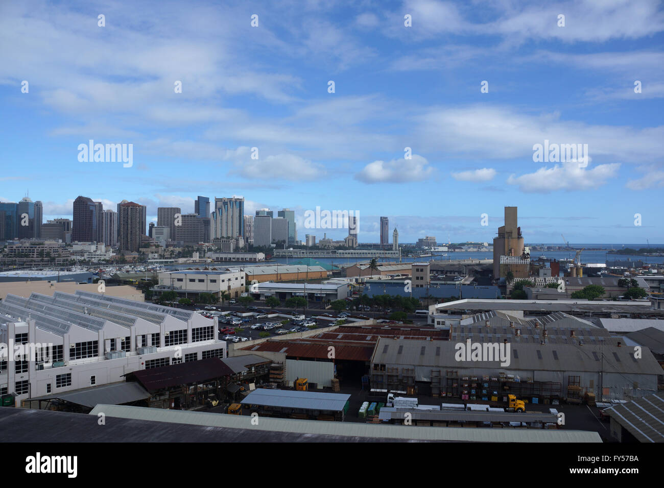 Aerial view of the Honolulu Port and downtown skyline with landmarks ...